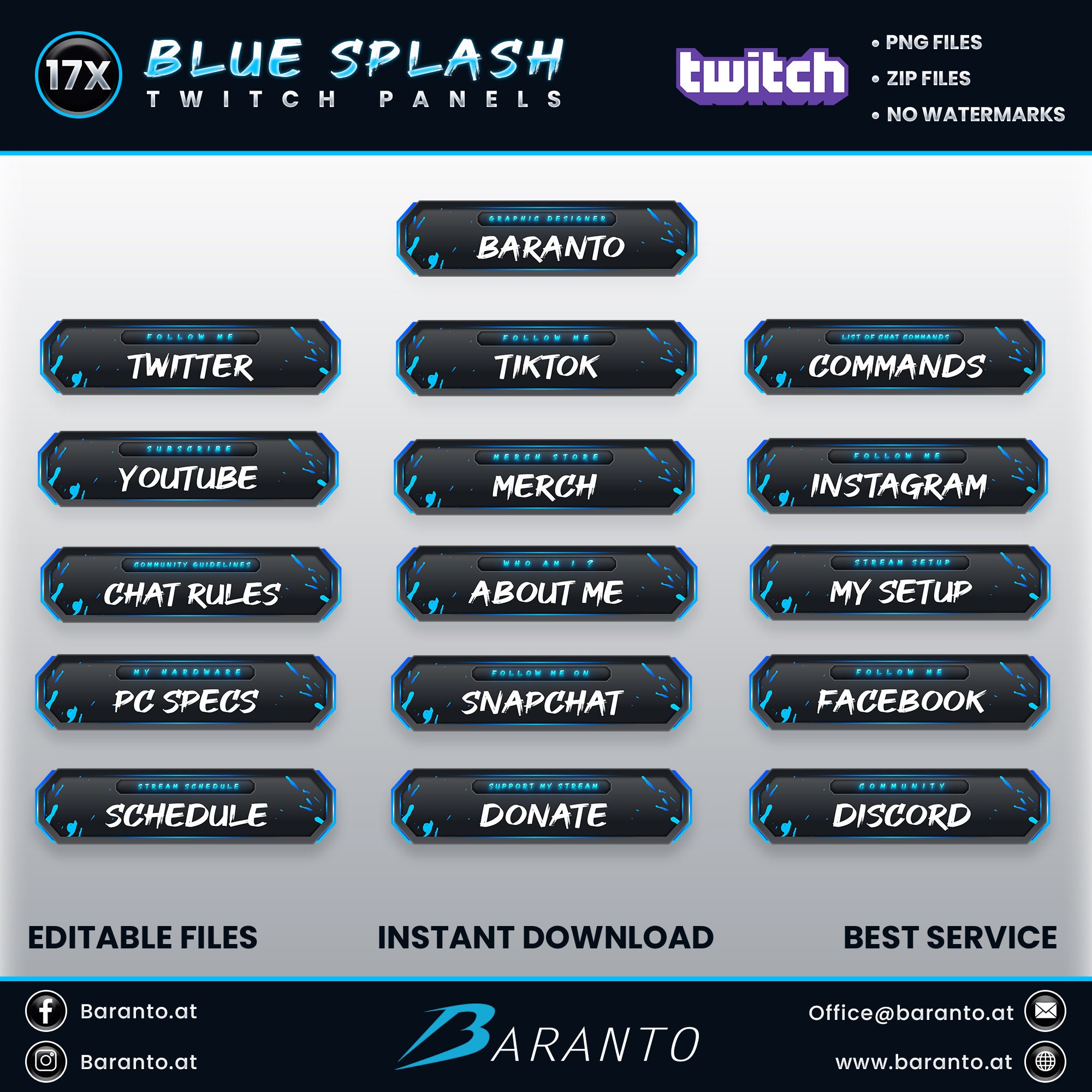 17x Twitch Panels Pack Black Blue Splash Series Clean & Modern Instant ...