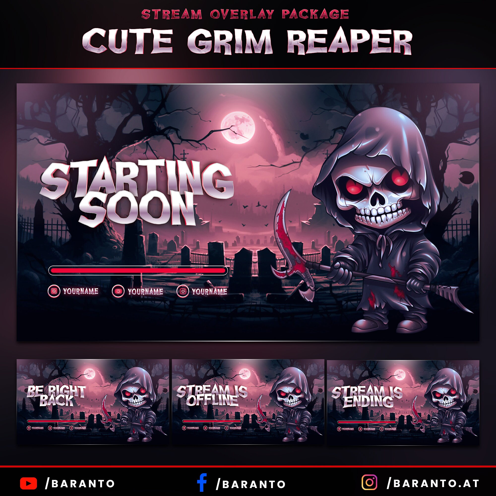 Animated Cute Grim Reaper Halloween Twitch Overlay Package Custom Names ...