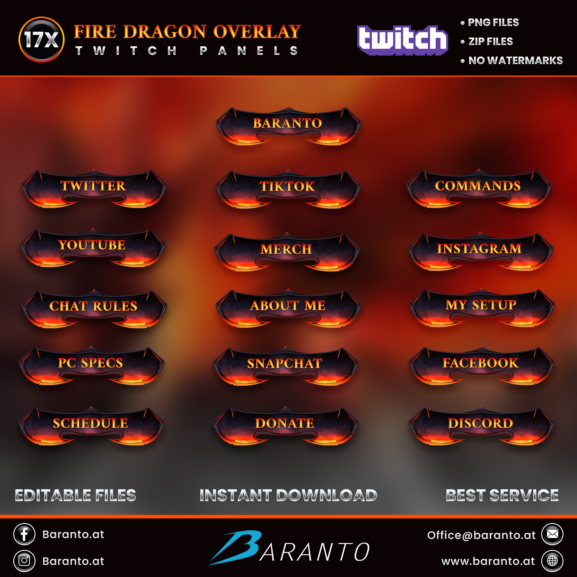 17x Twitch Panels Pack Fire Dragon Series Streaming Twitch Panel Stream ...