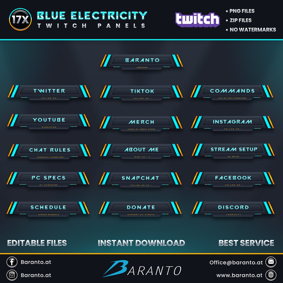 17x Blue Electricity Twitch Panels Pack | Dark | Streaming Twitch ...