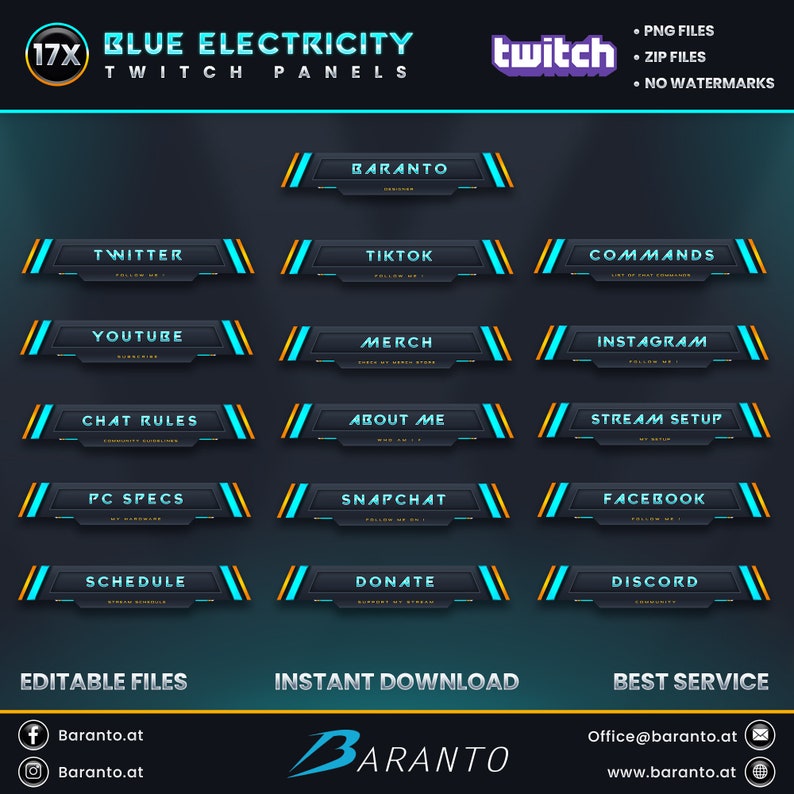 17x Blue Electricity Twitch Panels Pack Dark Clean & Modern Instant ...