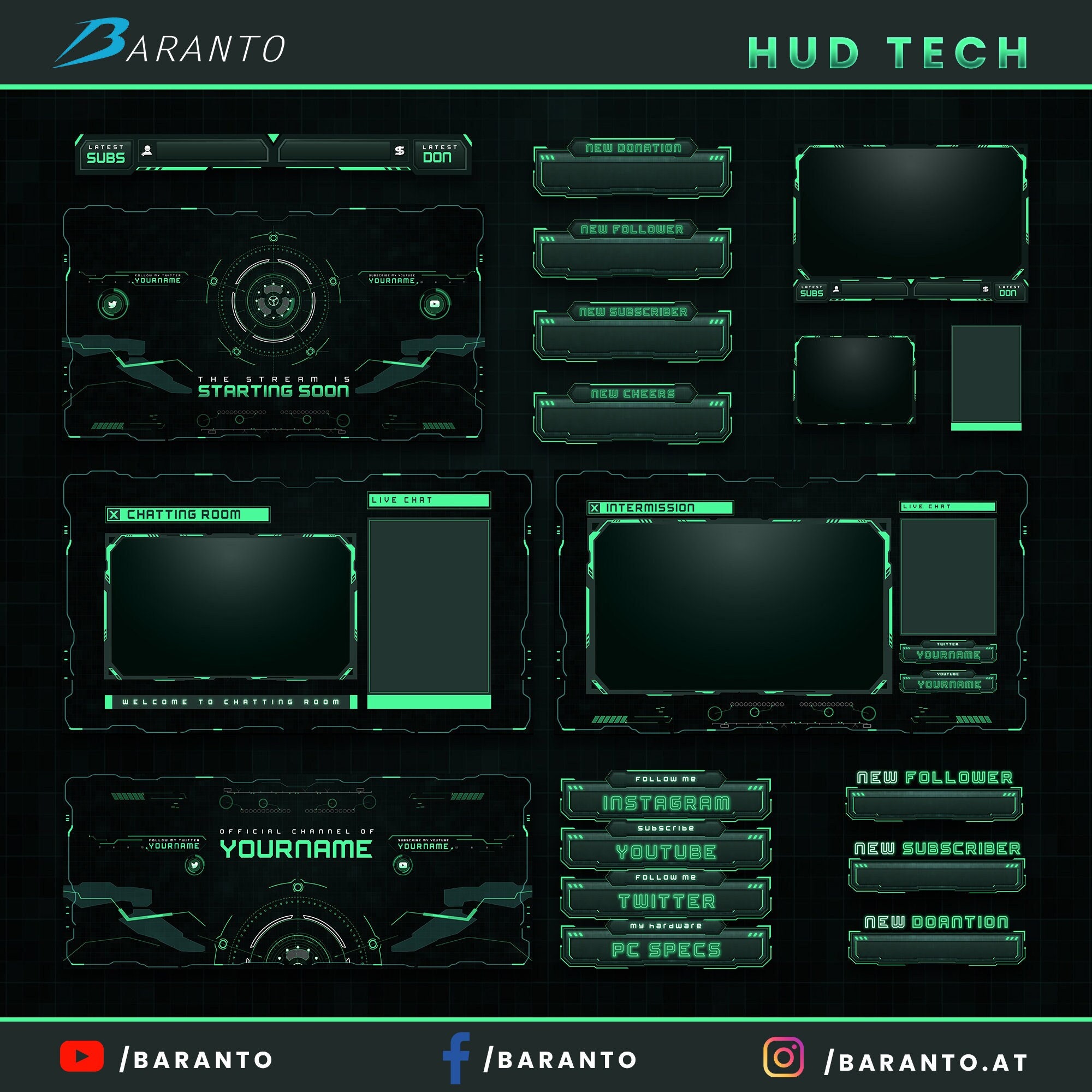 Animated HUD TECH Overlay Twitch Package Custom Name Instant Download ...