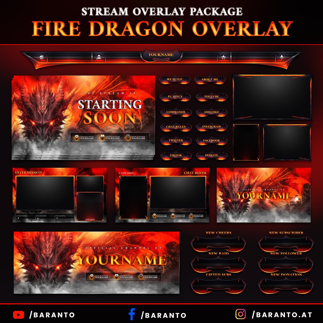 Animated Fire Dragon Twitch Overlay Package Custom names Instant ...