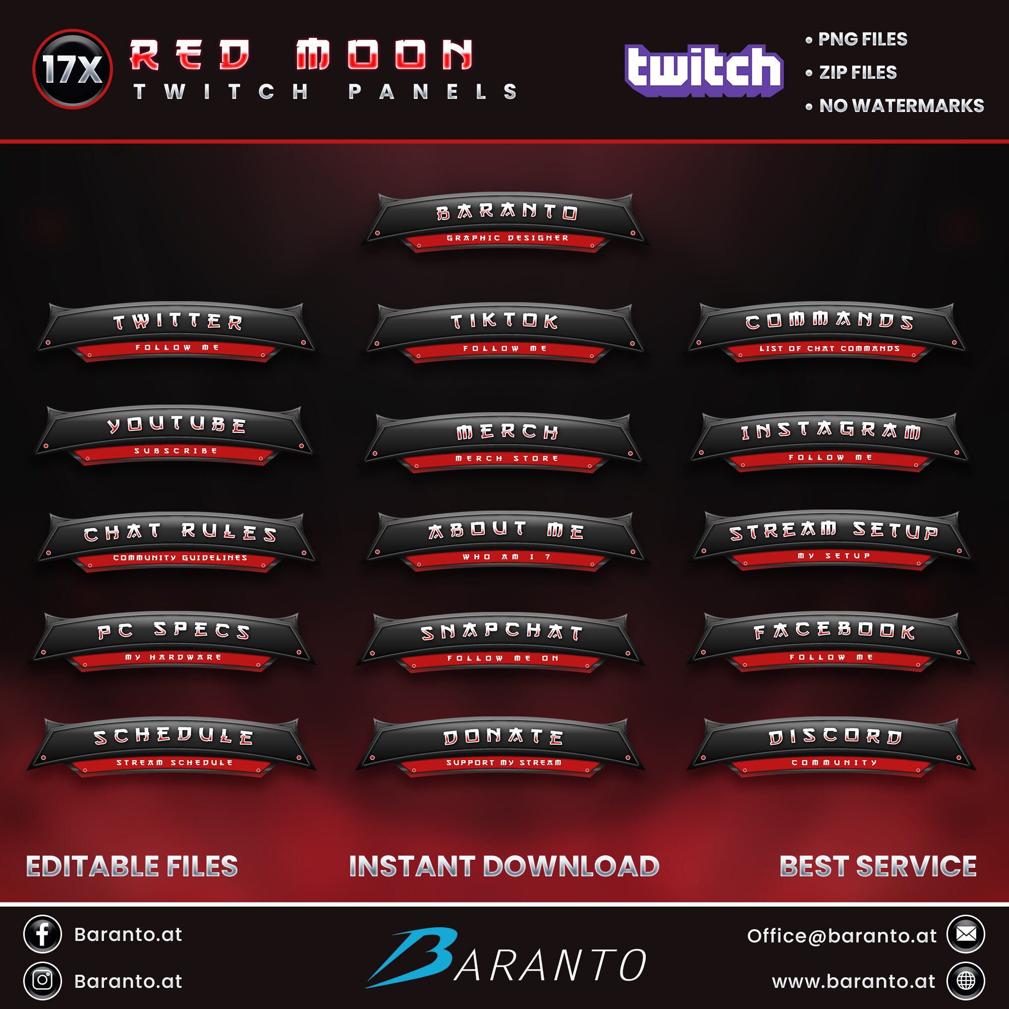 17x Red Moon Twitch Panels Pack Dark Clean & Modern Instant Download ...