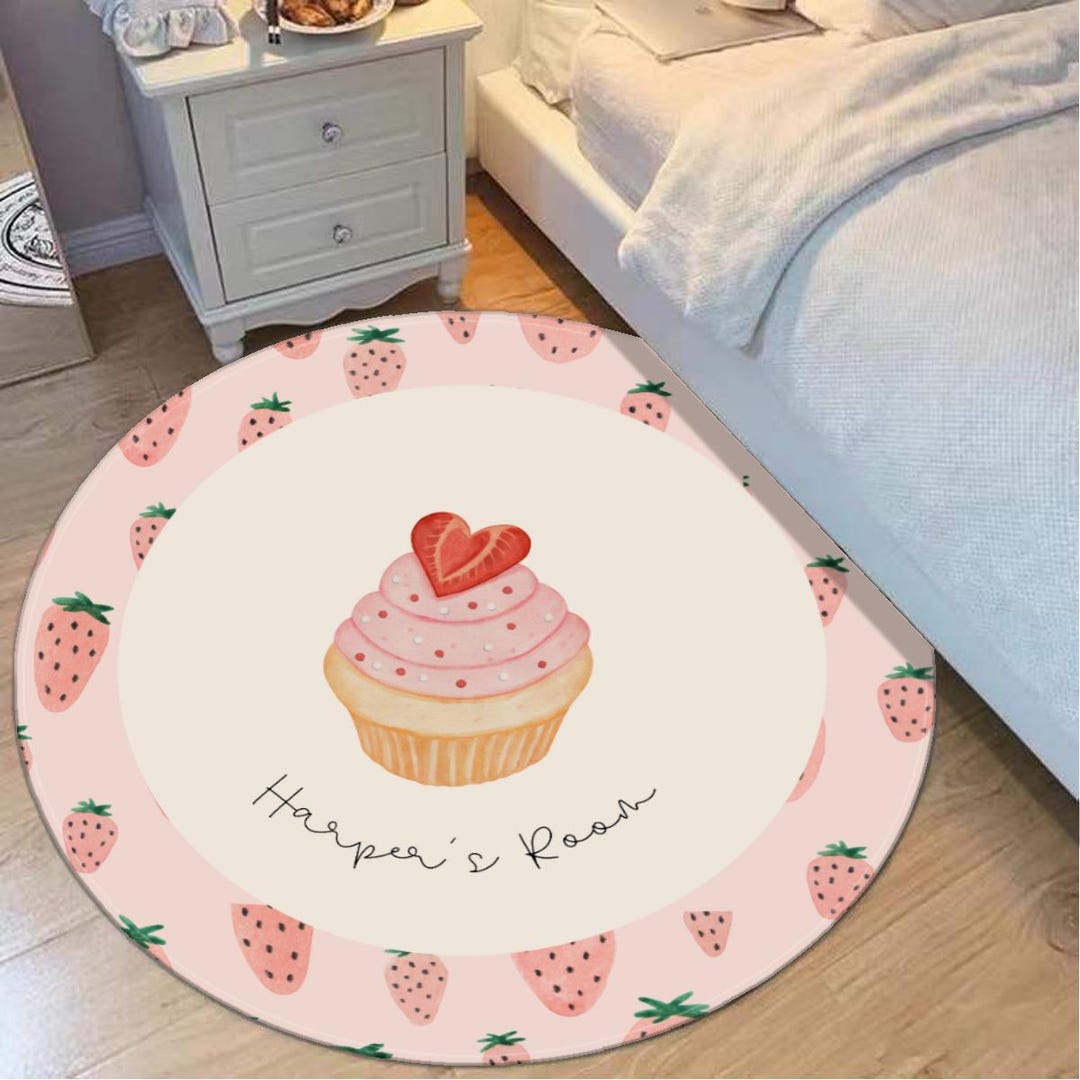 Custom Name Strawberry Cupcake Round Rug – Personalized Kids Room ...