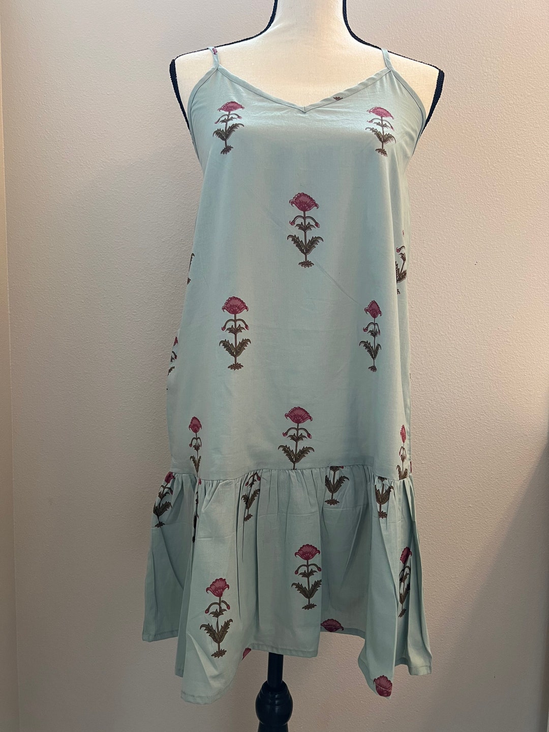 Sage Green Floral Mini Sundress| Block Print Dress|sun Dress for Women ...