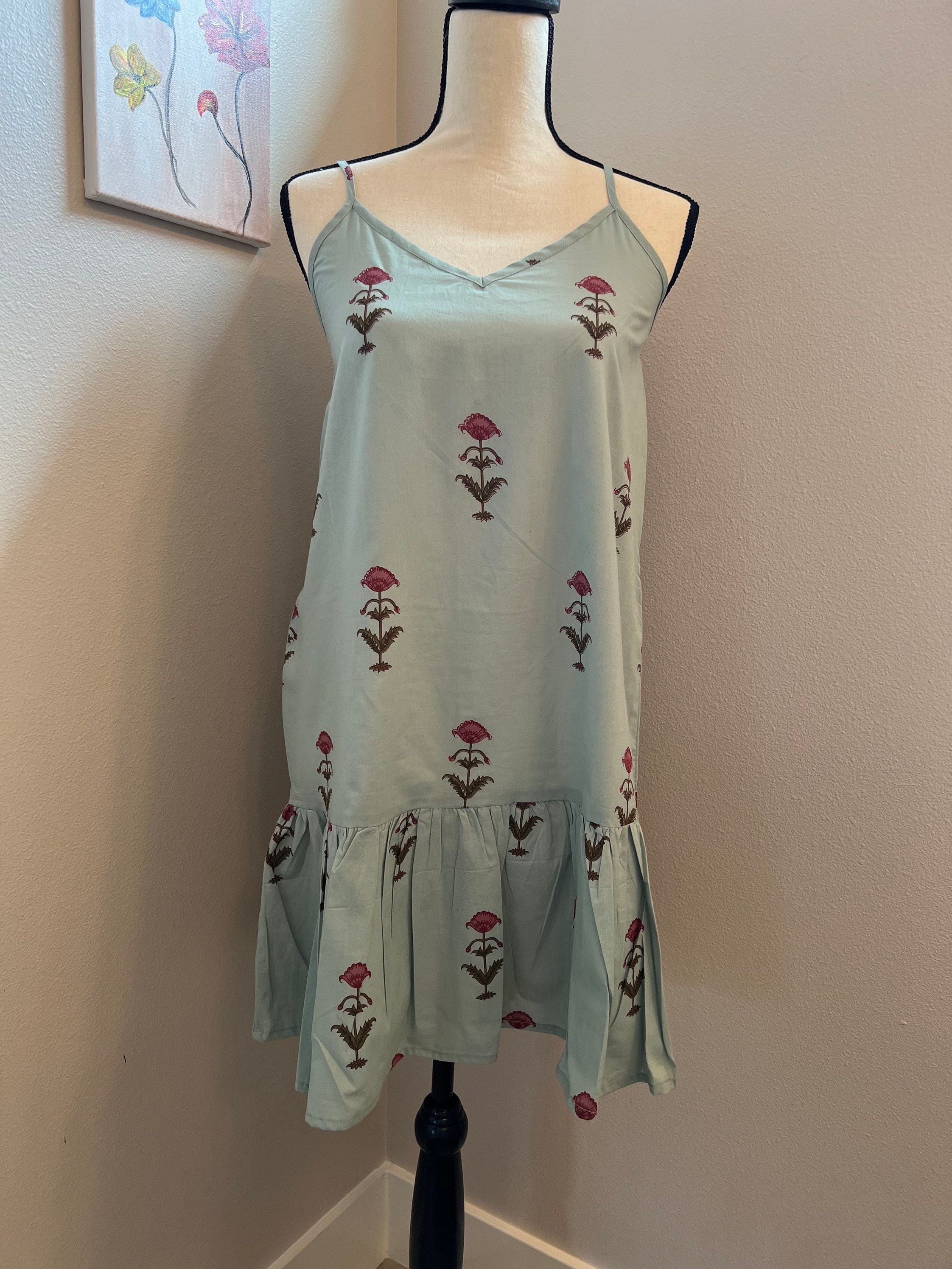 Sage Green Floral Mini Sundress| Block Print Dress|sun Dress for Women ...