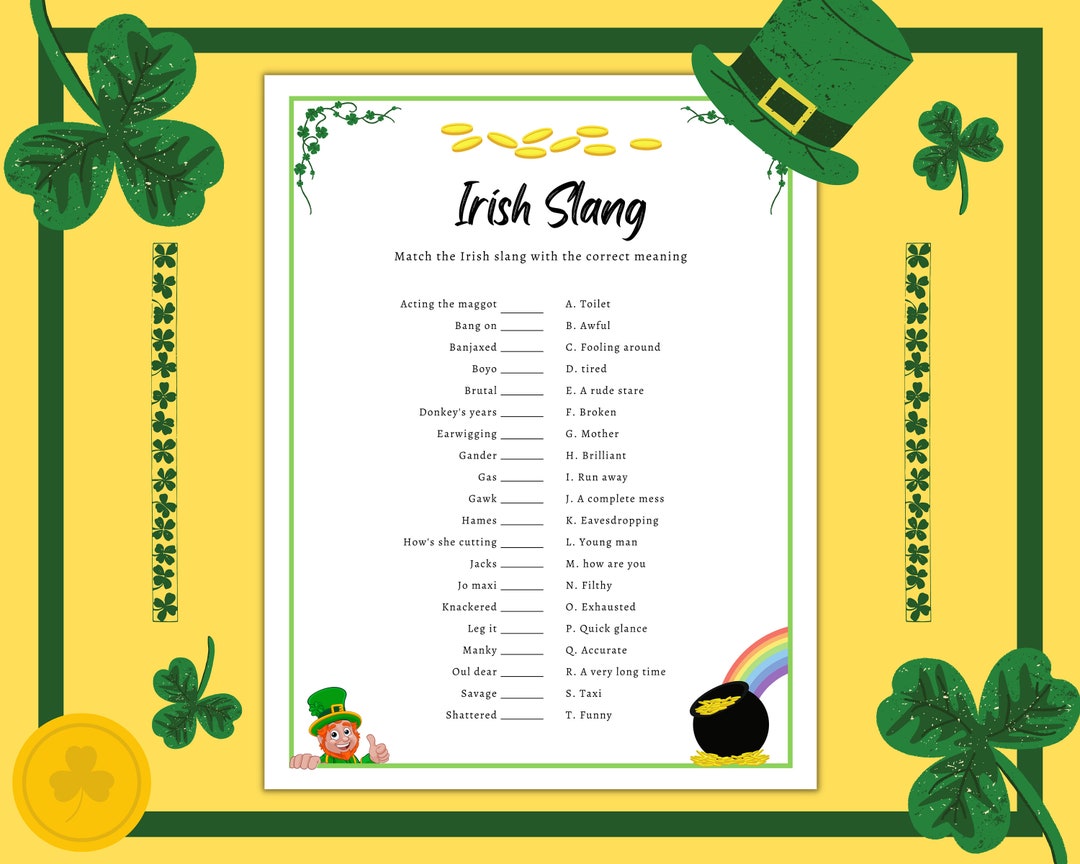 Irish Slang Match up | St. Patrick's Printable Game for Kid & Adult ...