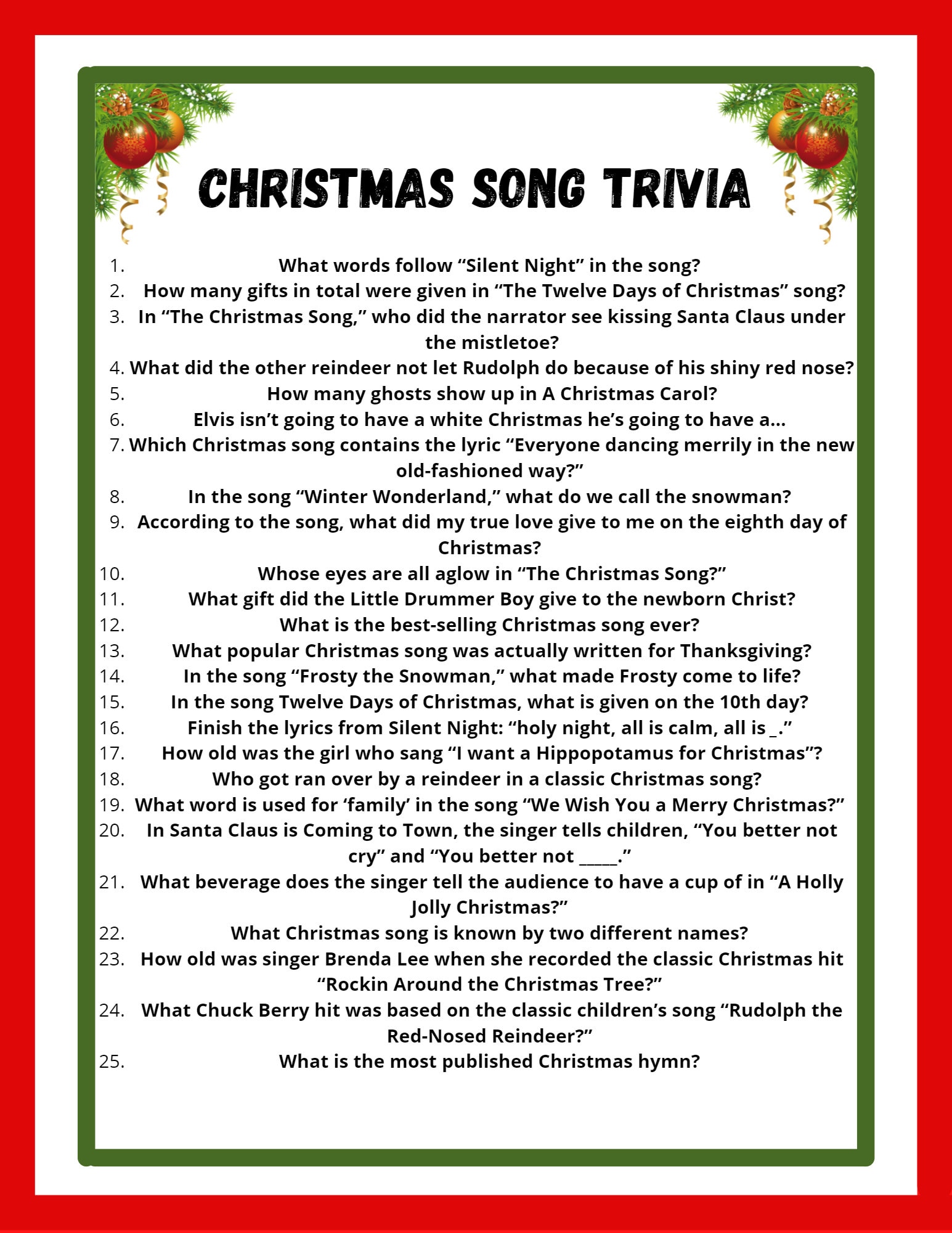 Christmas Song Trivia Printable Game - Etsy