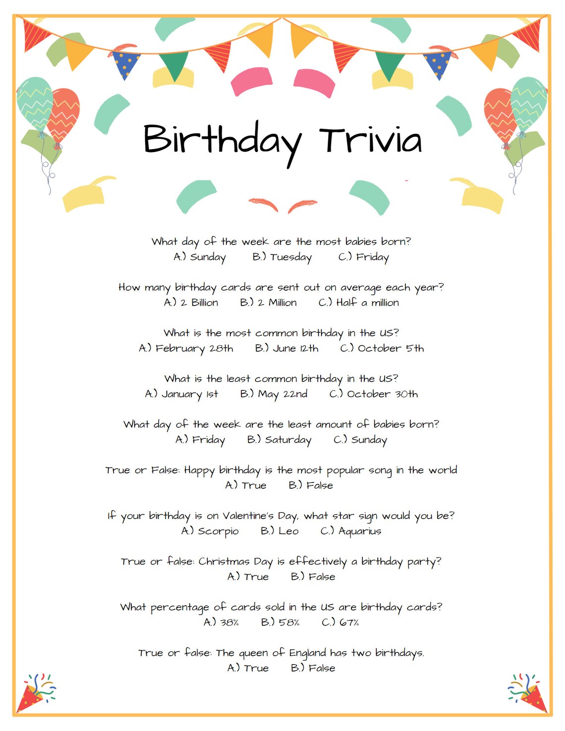 Birthday Trivia Party Game for Kids and Adults - Etsy
