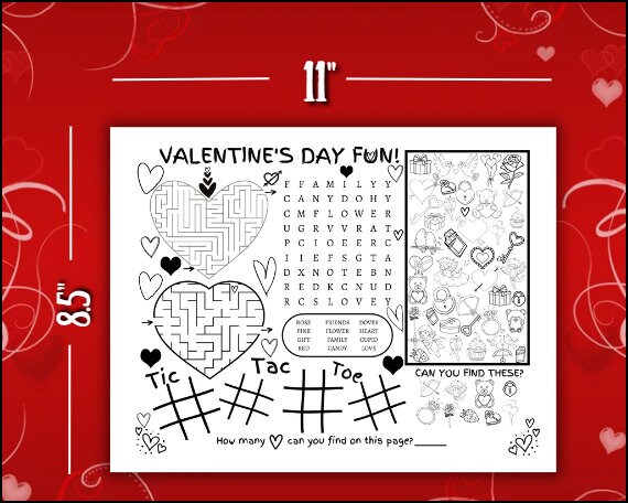 Valentine Placemat Printable, Valentine Activity for Kids, Valentine's ...
