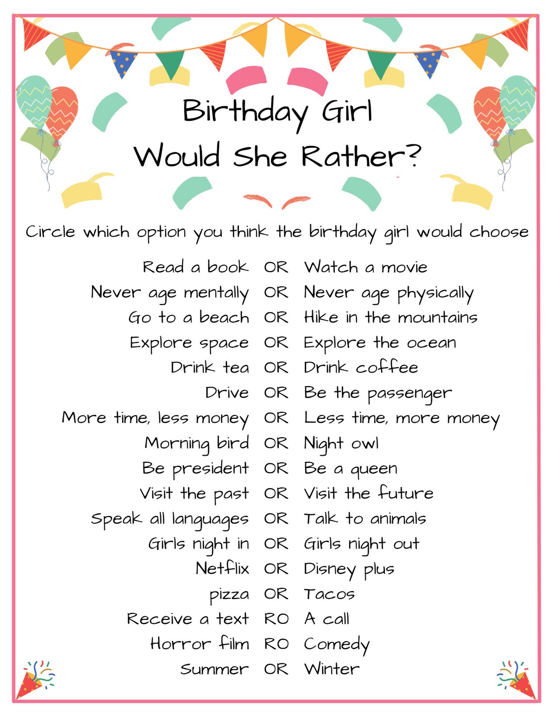 Would She Rather Birthday Game for Her Party - Etsy