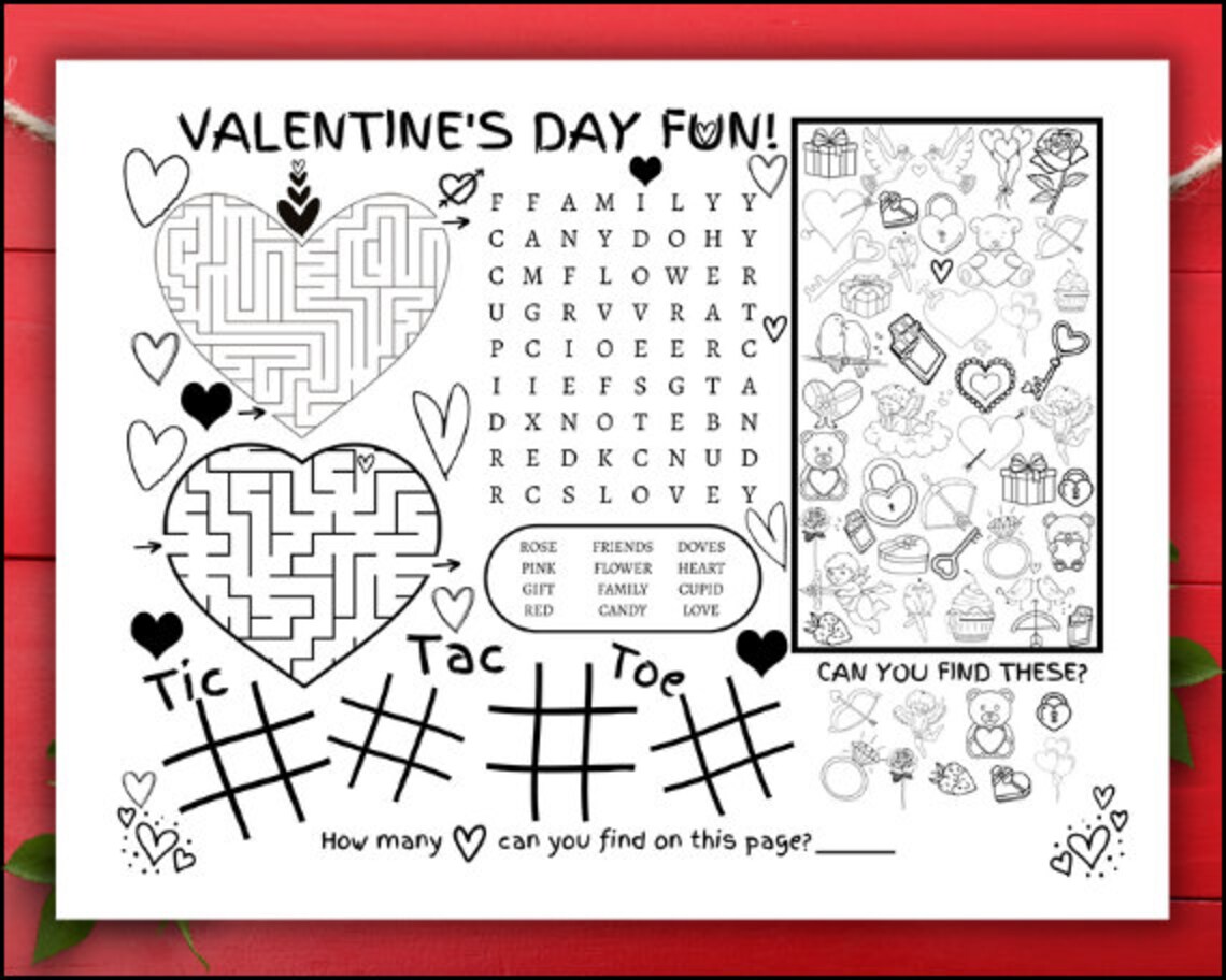 Valentine Placemat Printable, Valentine Activity for Kids, Valentine's ...