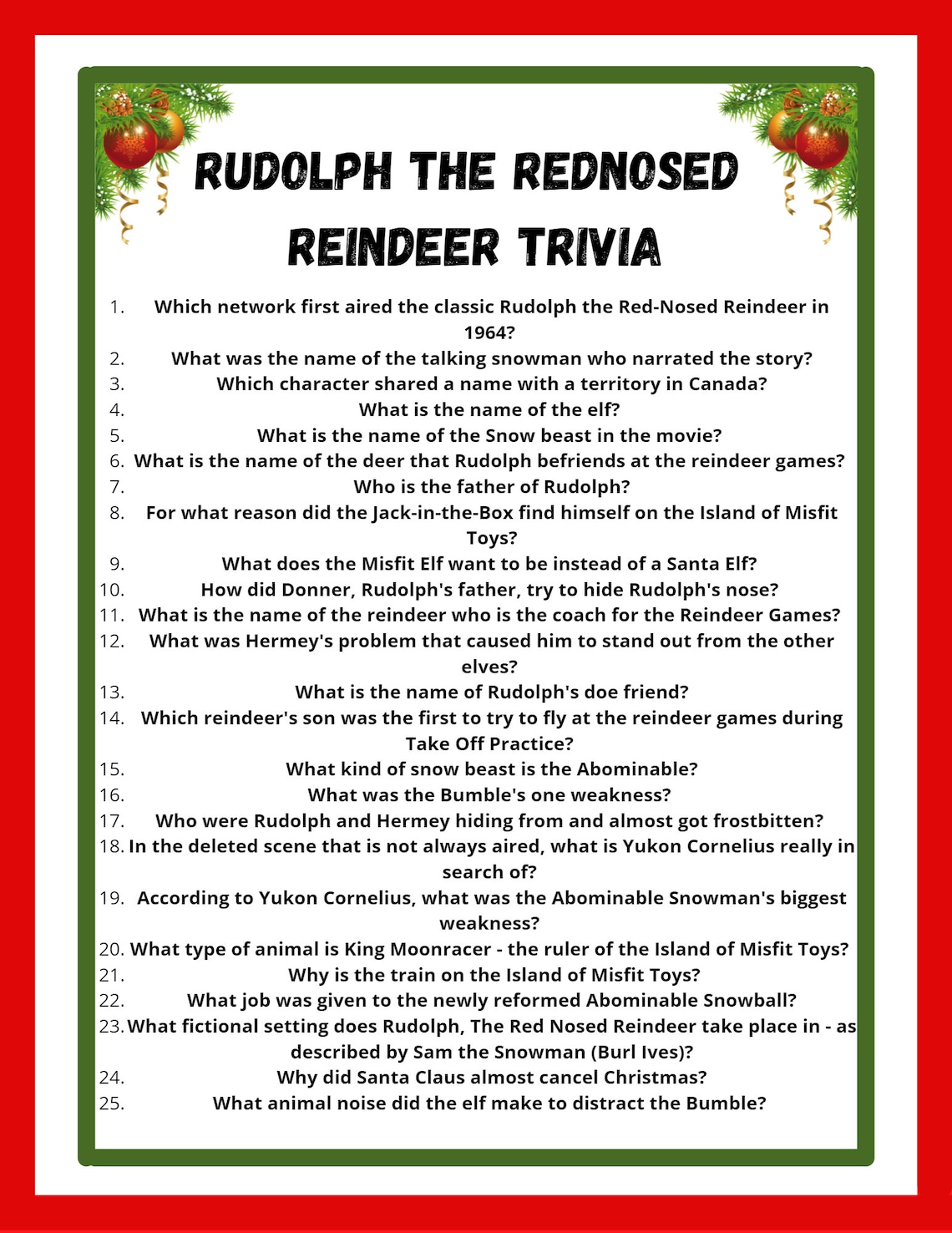 Rudolph Trivia Game! Rudolph the Rednosed Reindeer Printable Christmas ...