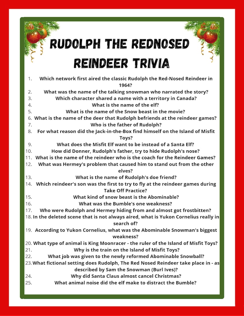 Rudolph Trivia Game! Rudolph the Rednosed Reindeer Printable Christmas ...