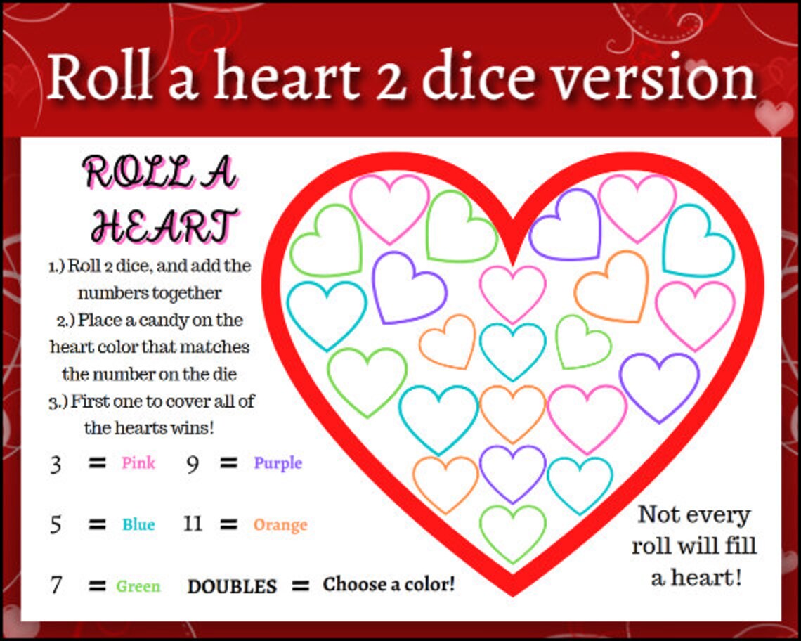 Valentine's Day Kids Rollin a Heart Game Printable | Heart Candy Dice ...
