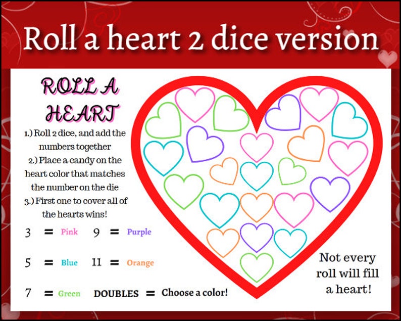 Valentine's Day Kids Rollin a Heart Game Printable | Heart Candy Dice ...
