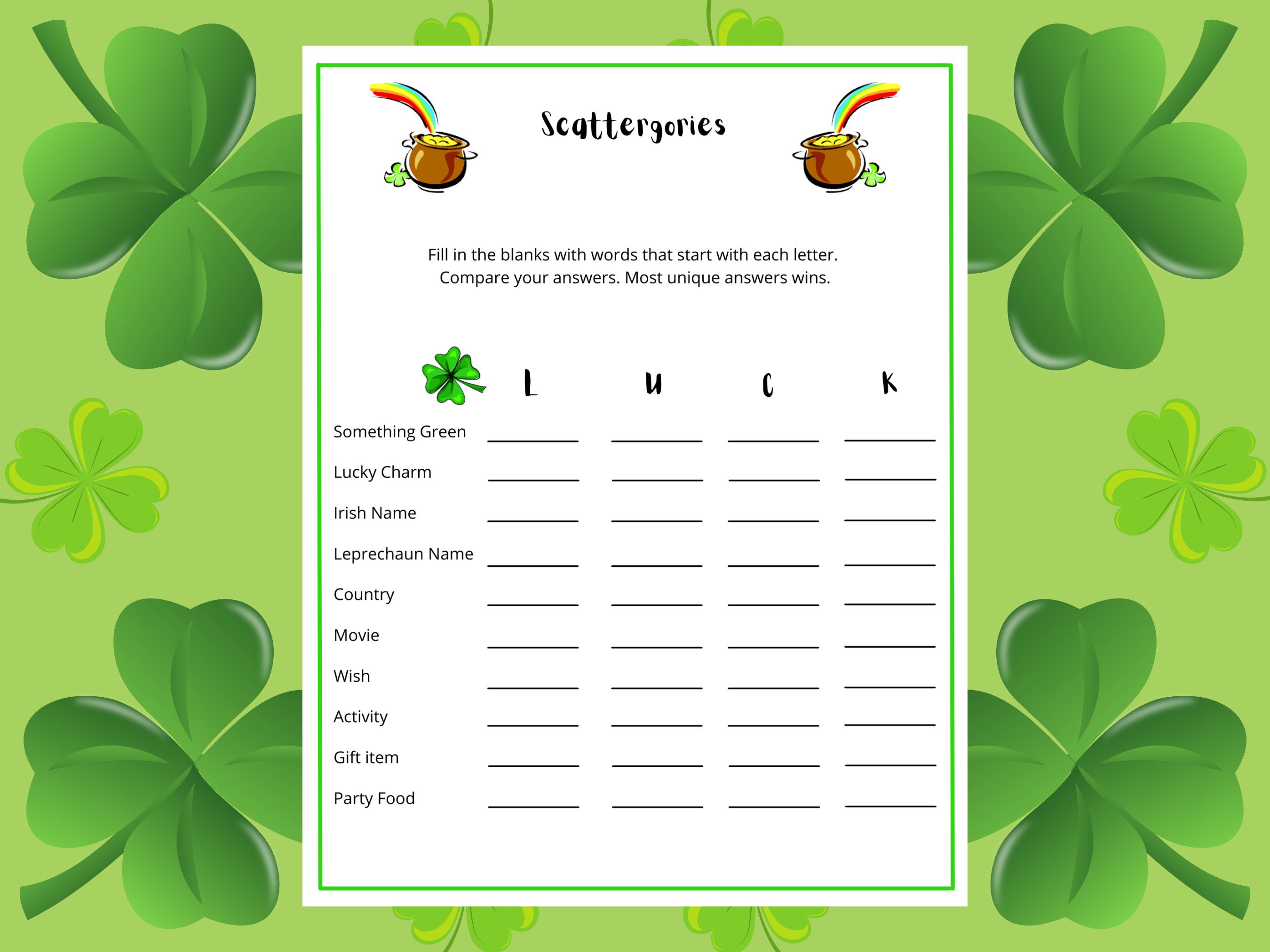 St. Patrick's Day Scattergories Printable Game for Kids - Etsy