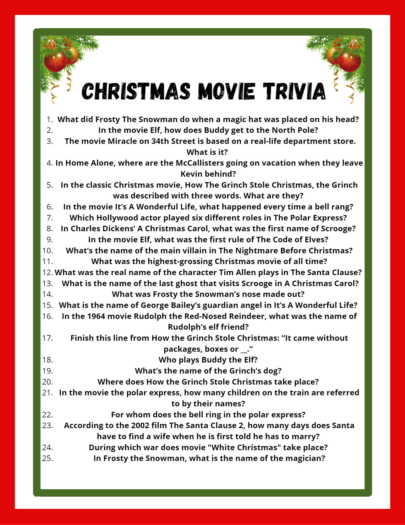 Christmas Movie Trivia Game Digital Download - Etsy