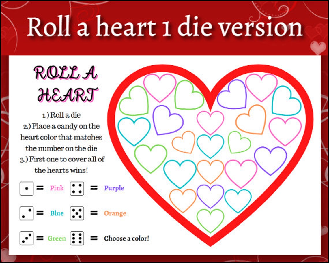 Valentine's Day Kids Rollin a Heart Game Printable | Heart Candy Dice ...