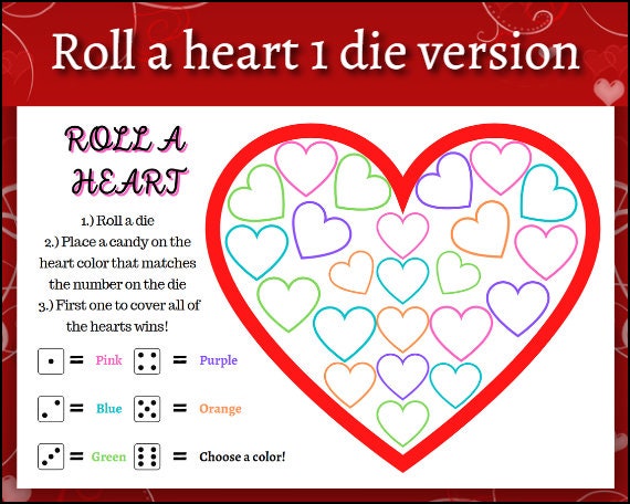 Valentine's Day Kids Rollin a Heart Game Printable | Heart Candy Dice ...