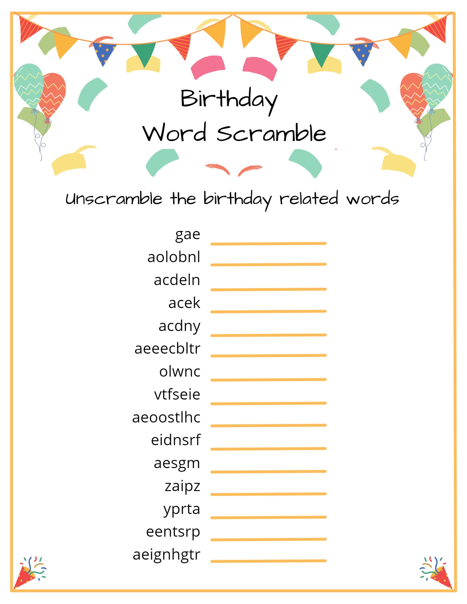 Birthday Word Scramble Printable
