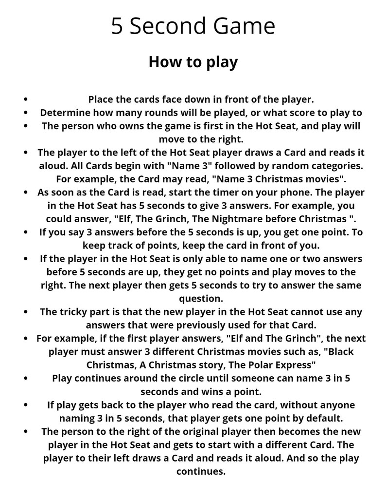 5 Second Game Christmas Party Game for Family or Work - Etsy