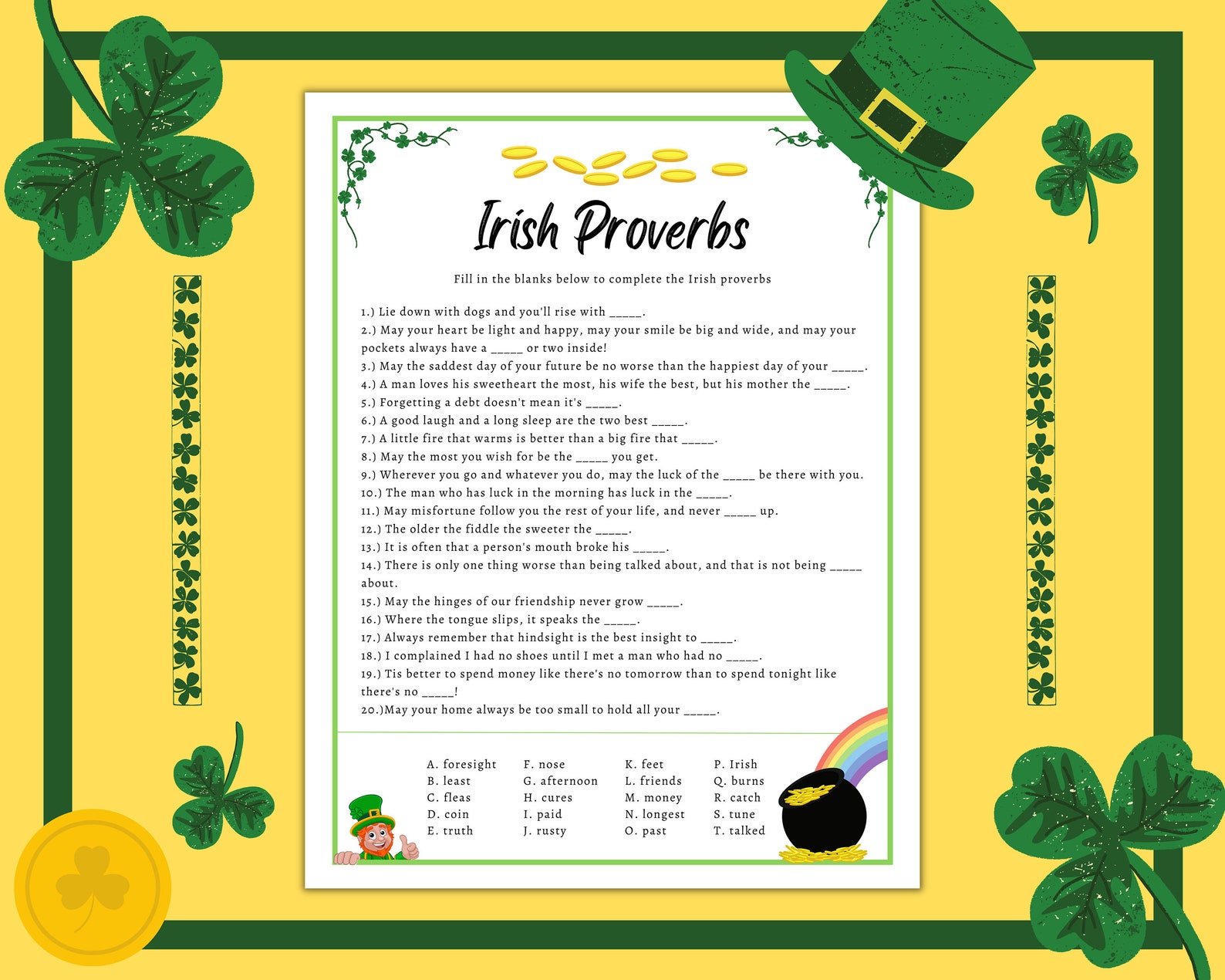 Irish Proverbs Printable Game | Fun St. Patty's Day Trivia Game | St ...