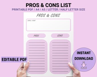 Pros & Cons List Printable - Etsy