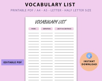 Vocabulary List Template - Etsy