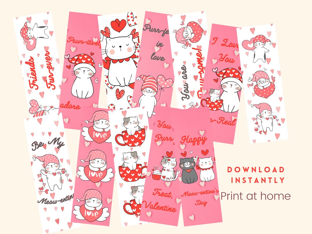 Valentine Cat Bookmarks for Teachers, Cute Cat Bookmarks for Kids, Gift ...