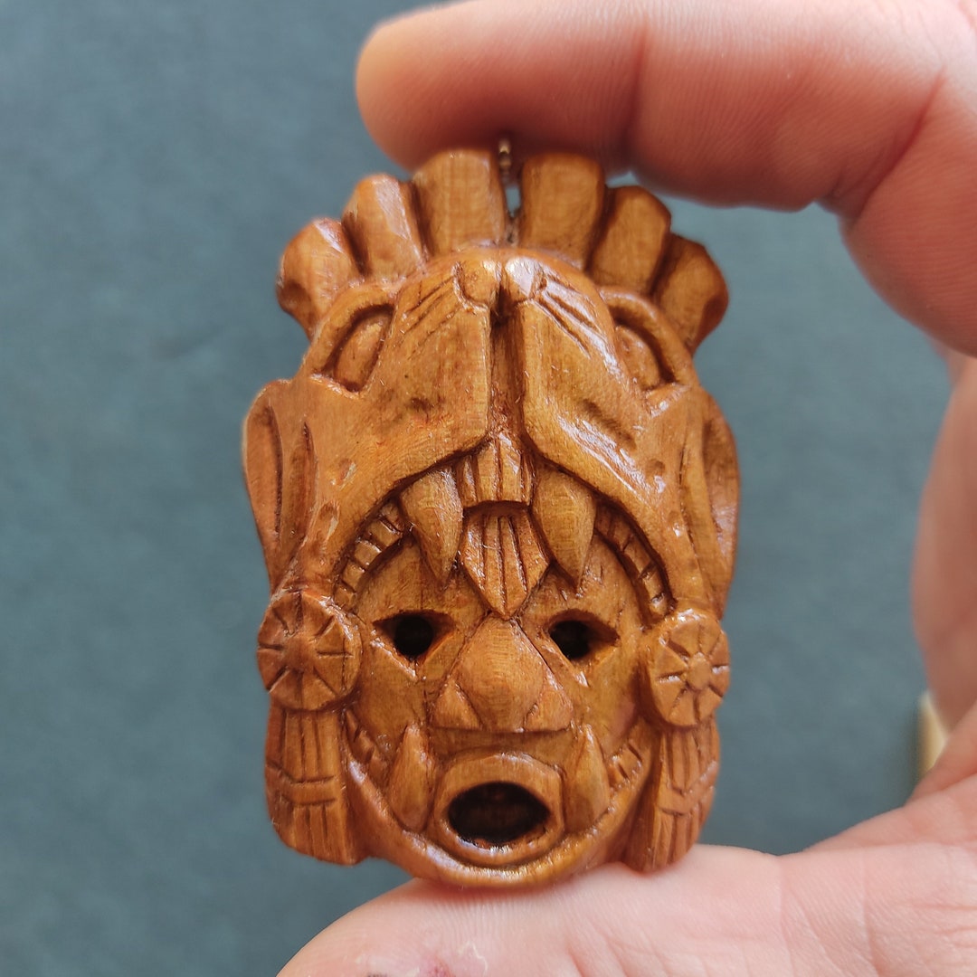 Aztec Jaguar Warrior Mask-wooden Necklace-hand Carved-eco Friendly-wood ...