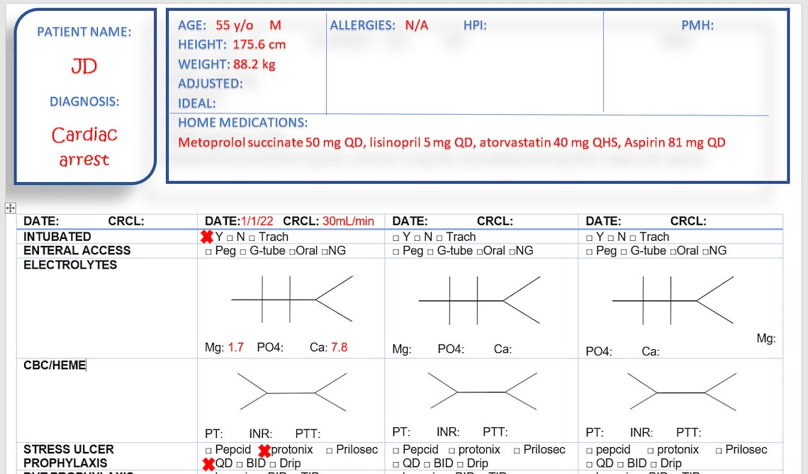 Downloadable PDF - ICU Report Sheet/ Pharmacist Patient Icu Worksheet ...