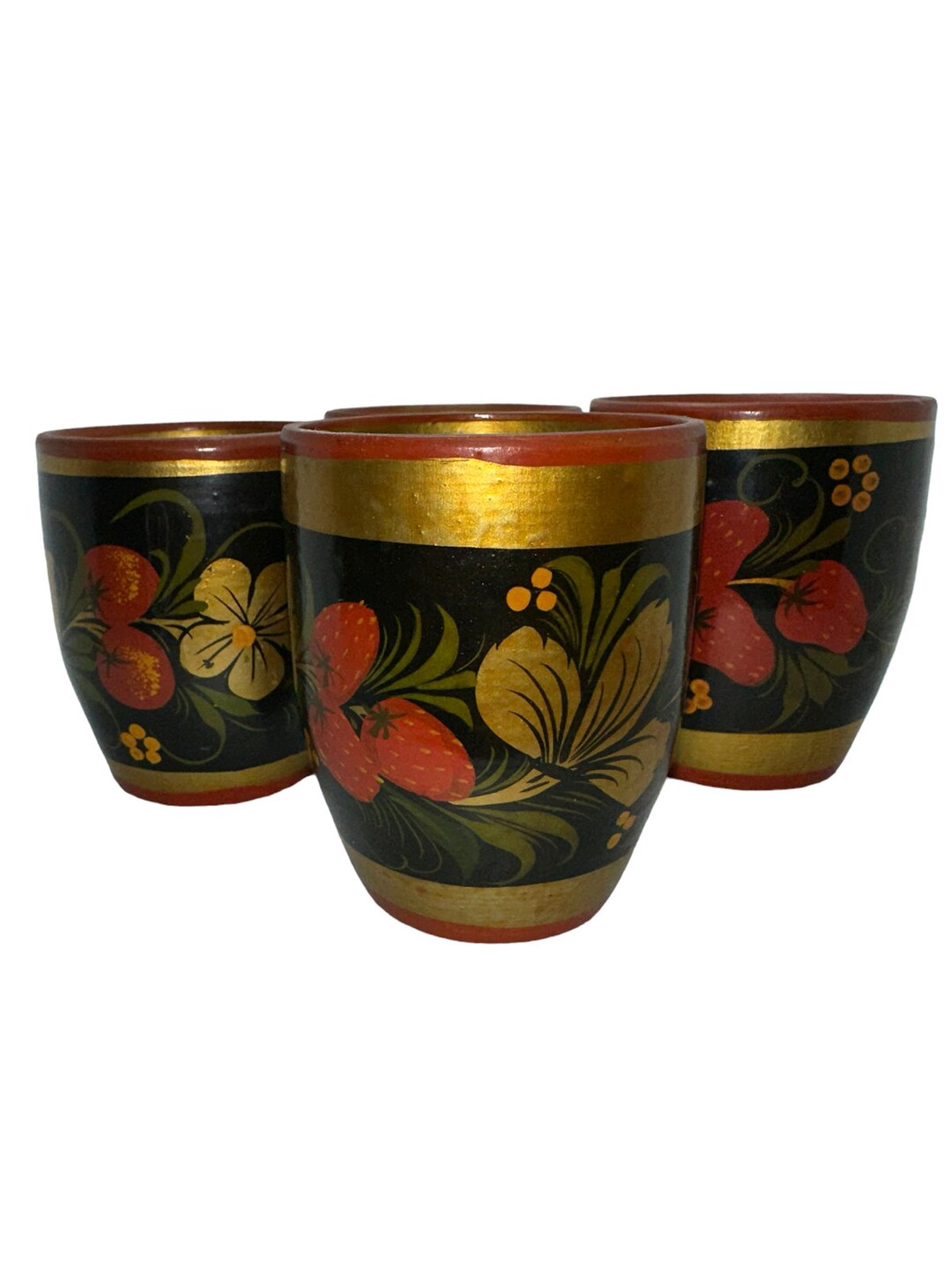 Vintage! Khokhloma (russian Folk Art)! Set of 4 Wooden Cups! - Etsy