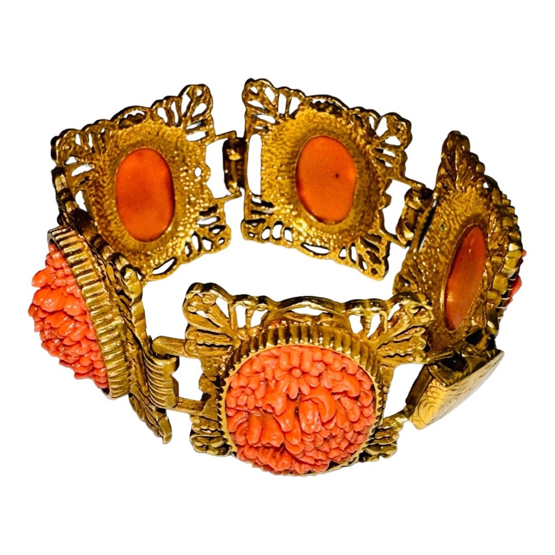 Vintage Rococo Gold-tone Bracelet With Red Coral Accents - Ornate ...