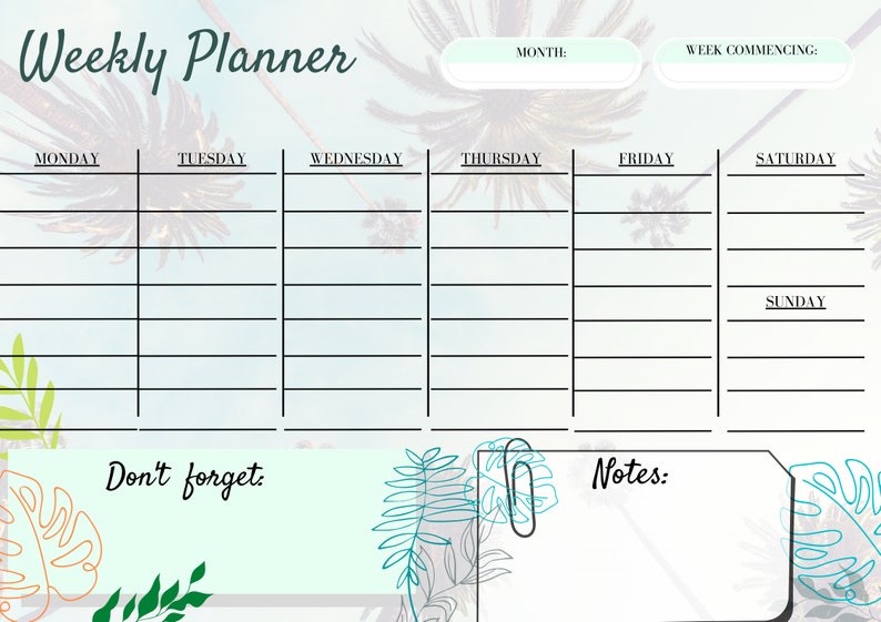 Printable Weekly Tropical Planner With Palm Trees - Etsy