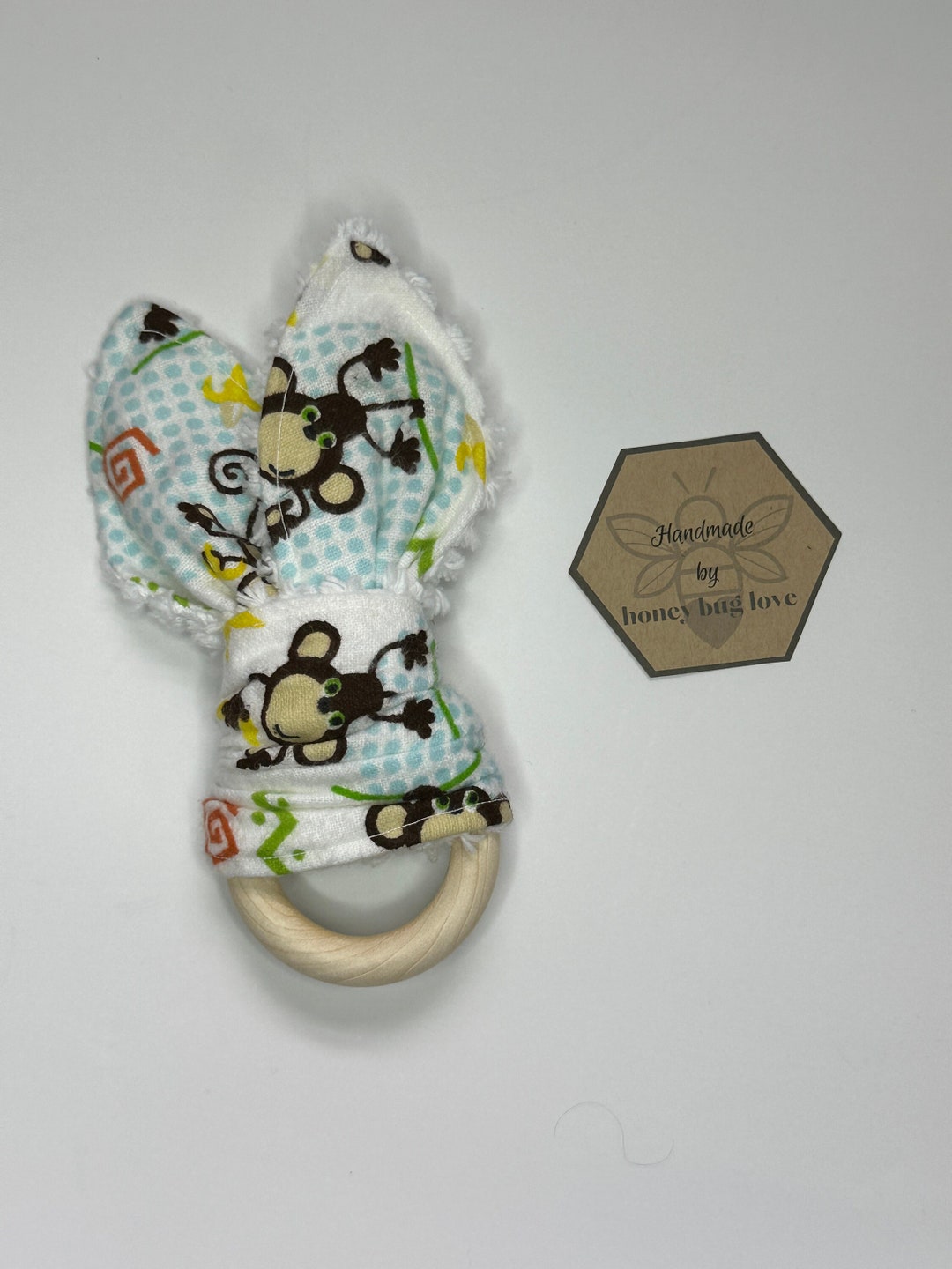 Monkey Crinkle Toy, Baby Crinkle Teether, Wood Ring Teether, Baby ...