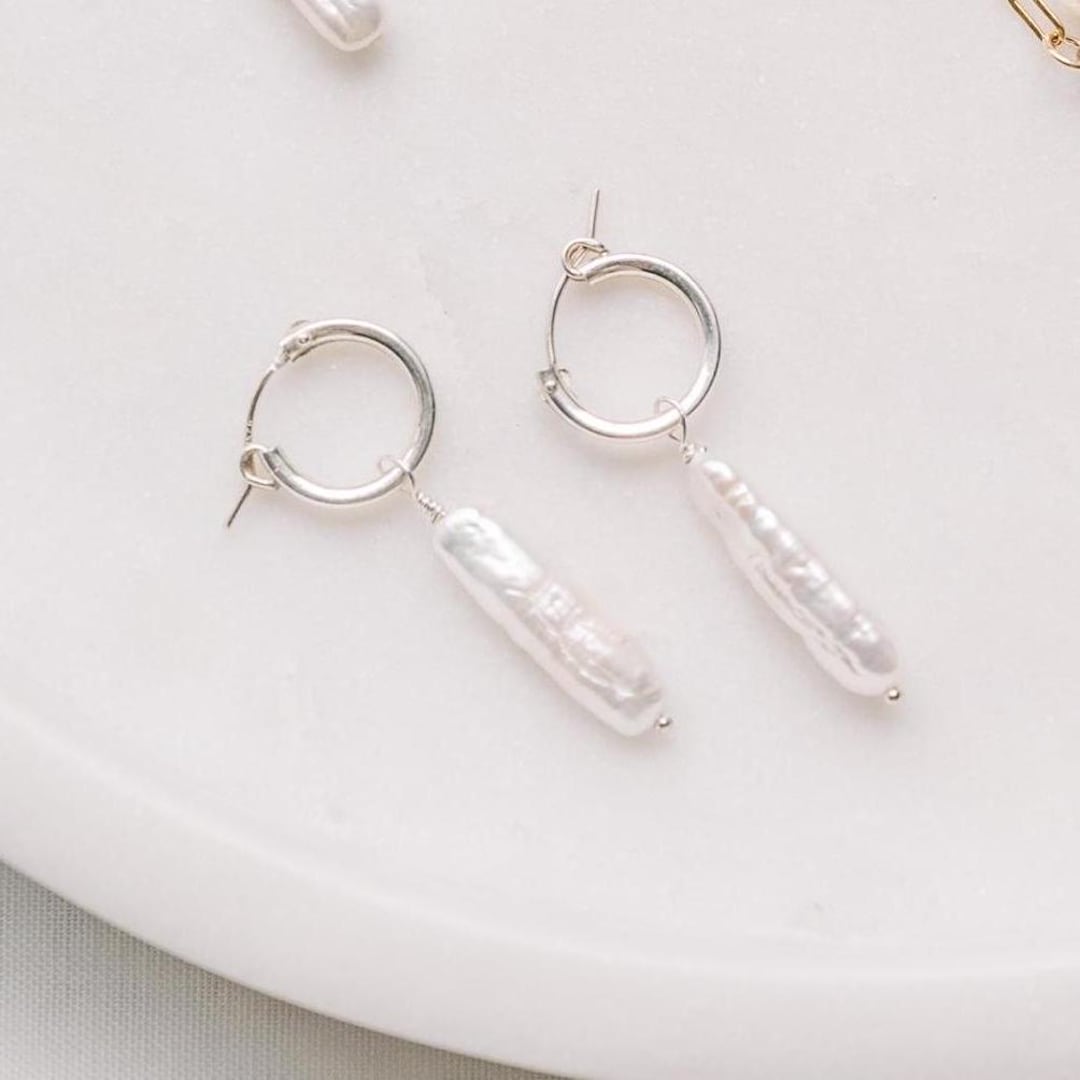 Pearl Dangle Hoop Earrings, Pearl Huggie Hoops, Modern Biwa Pearl ...
