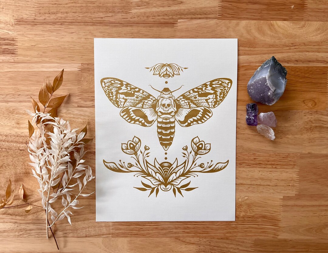 Death Head Moth Screen Print Gold Ink on Cream - Etsy
