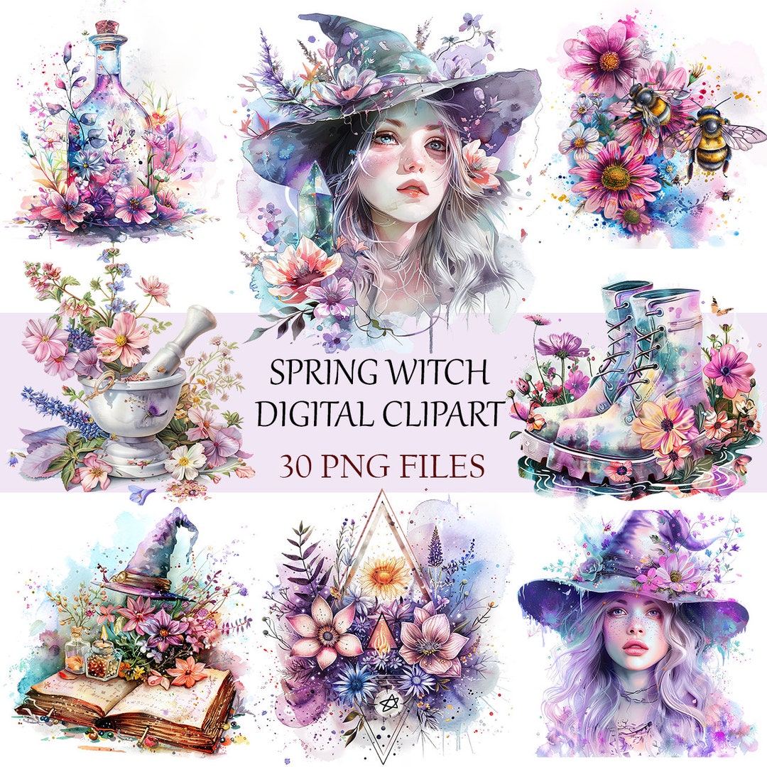 Spring Witch Clipart Set - Enchanting Witchcraft Illustrations for ...