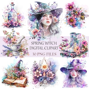 Spring Witch Clipart Set - Enchanting Witchcraft Illustrations for Journals, High-resolution PNG ...
