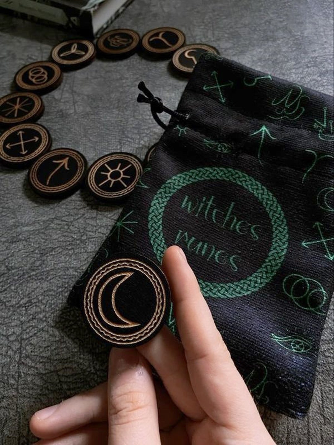 Handcrafted Witch's Runes Wooden Set With Printed Fabric Pouch Special ...
