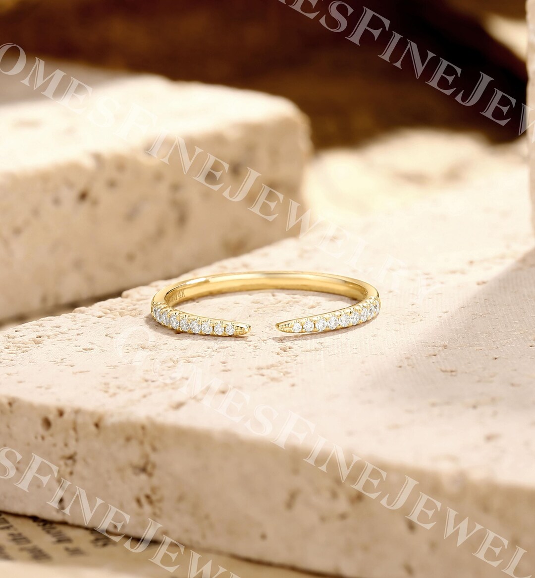 14K/18K Gold Open Moissanite Wedding Band | Dainty Diamond Pave Wedding ...