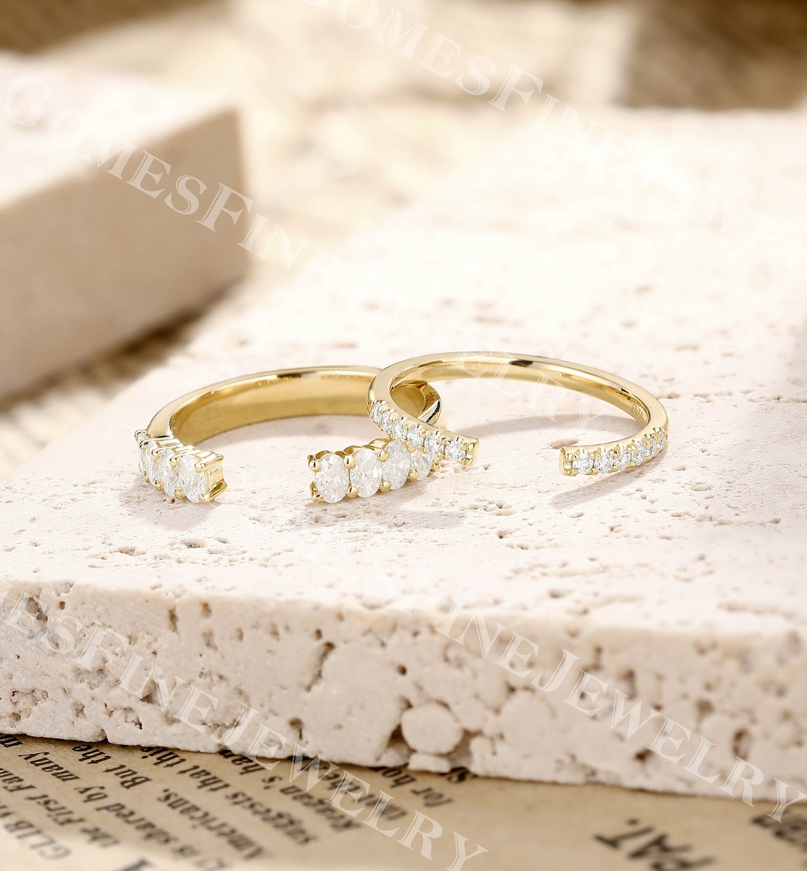 Vintage Moissanite Open Wedding Band Oval/round Moissanite Gap Ring Double Wedding Band Yellow ...