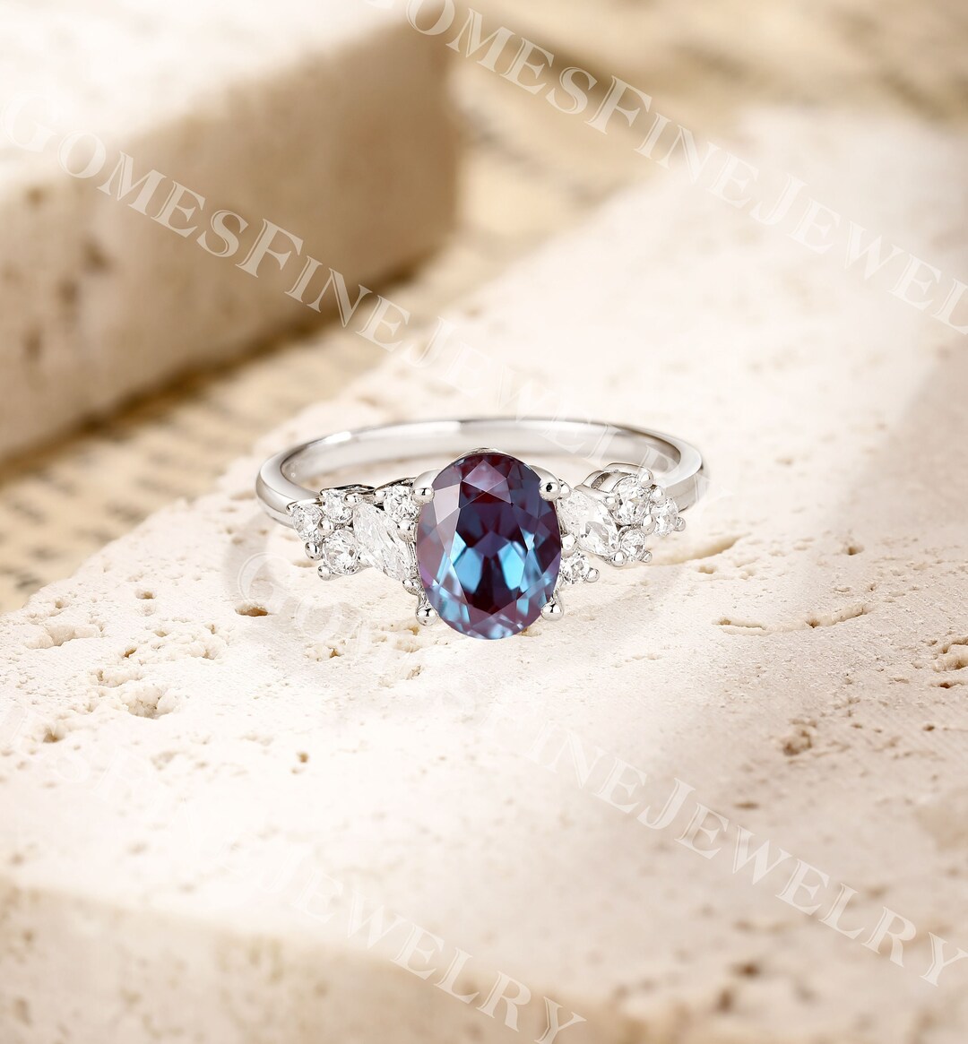 Vintage Oval Alexandrite Engagement Ring | Lab Alexandrite Cluster Ring ...