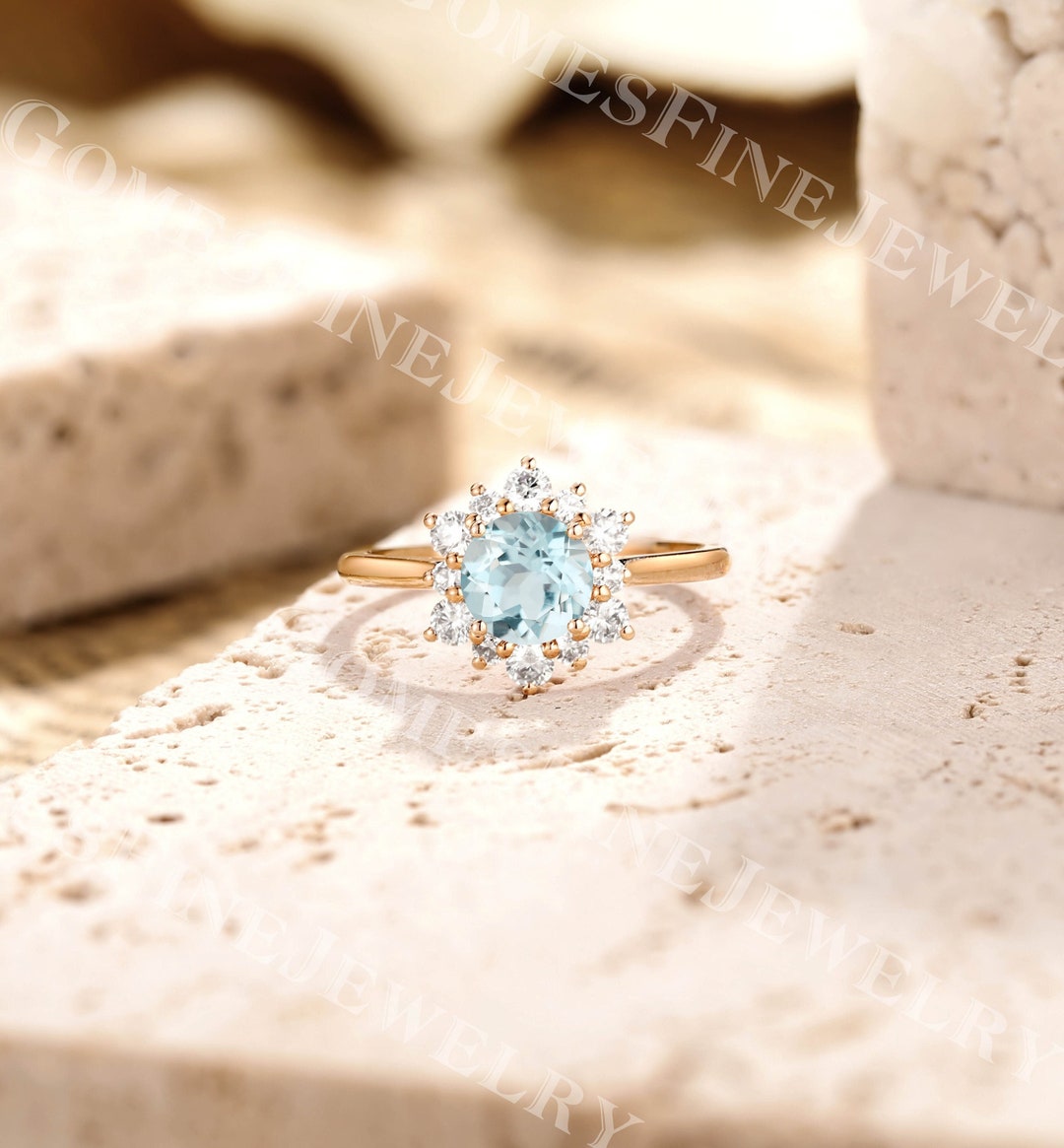 Flower Aquamarine Engagement Ring Aquamarine Halo Ring Rose Gold ...