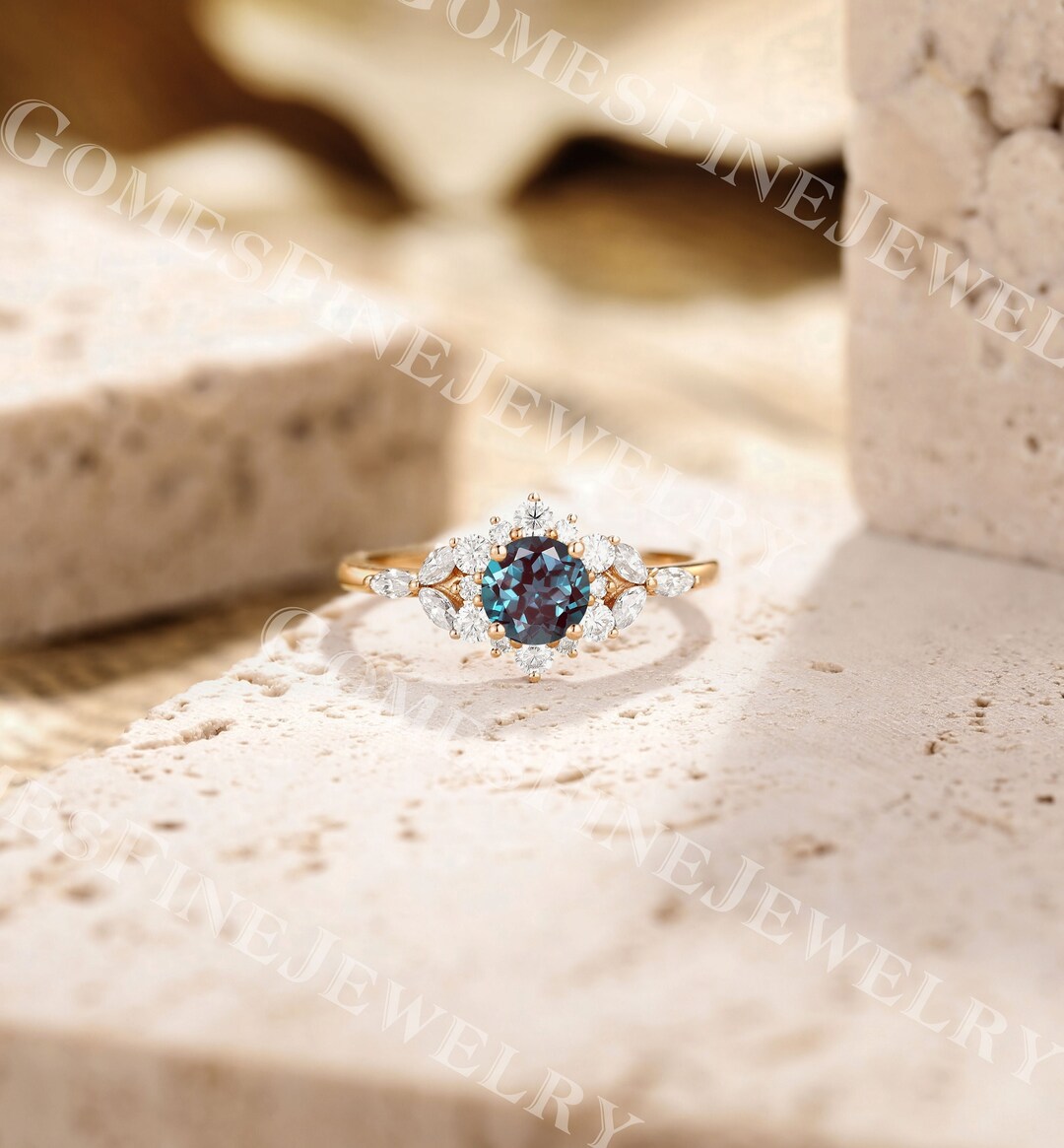 Alexandrite Cluster Engagement Ring | 5mm Round Alexandrite Halo Ring ...