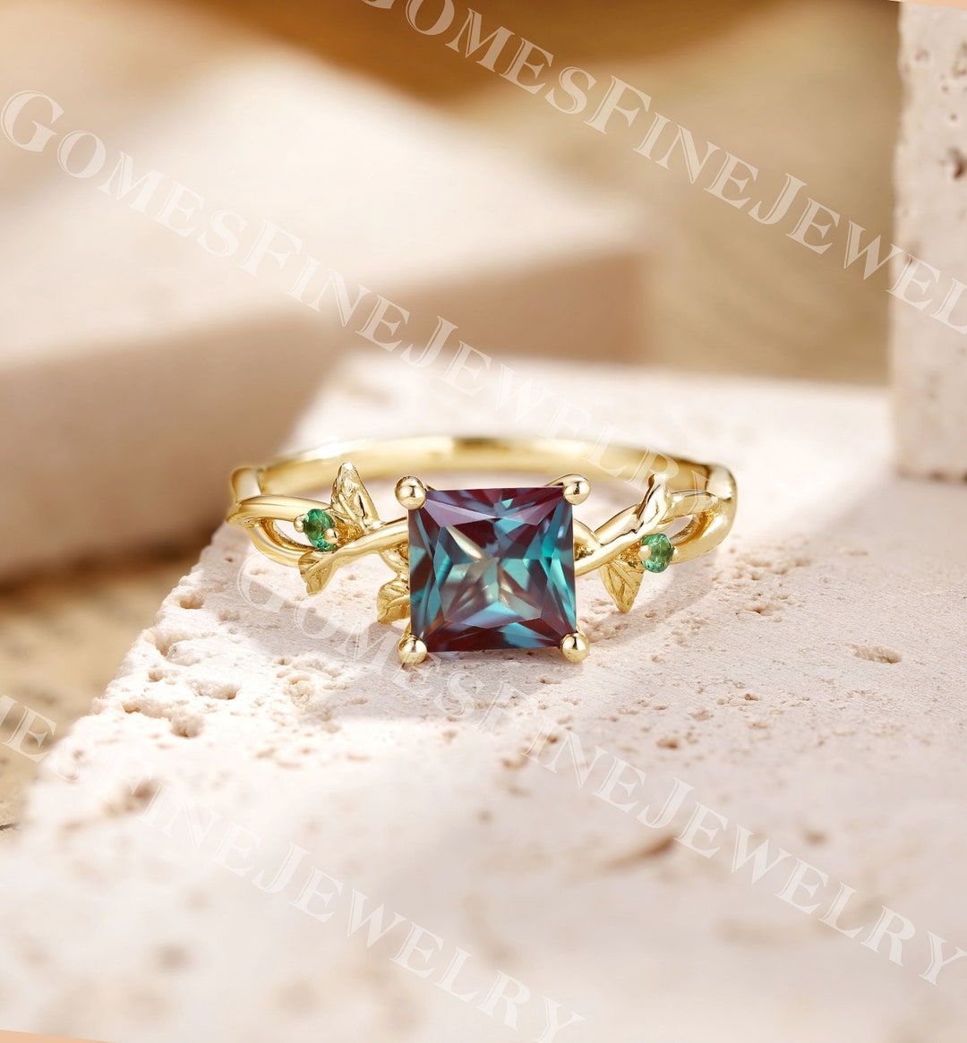 Princess Cut Alexandrite Engagement Ring Leaf Branch Twig Alexandrite ...