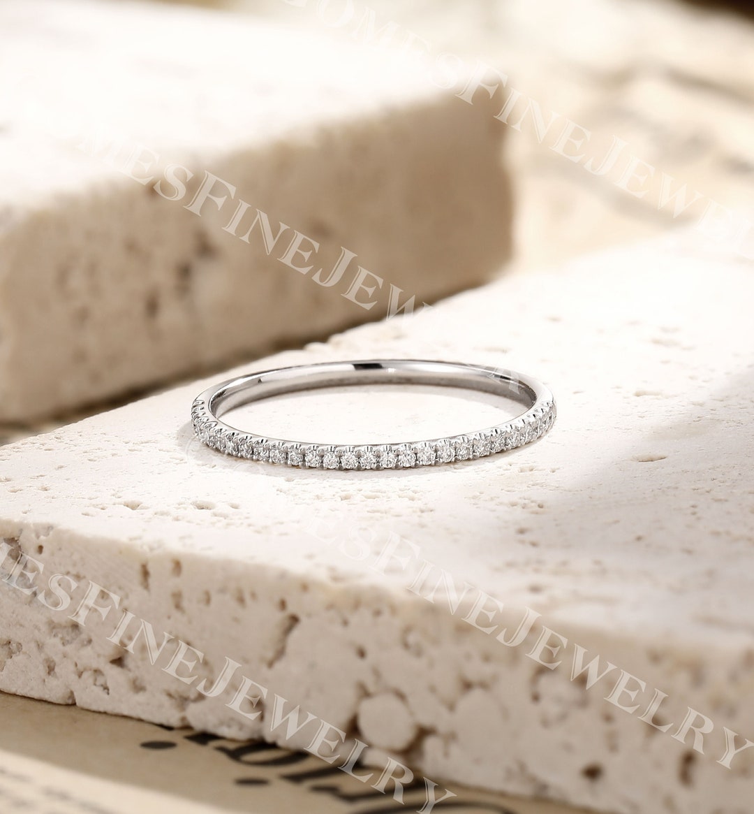 14k Solid Gold Moissanite Pave Wedding Band | Half Eternity Band | Dainty Micro Pave Band ...