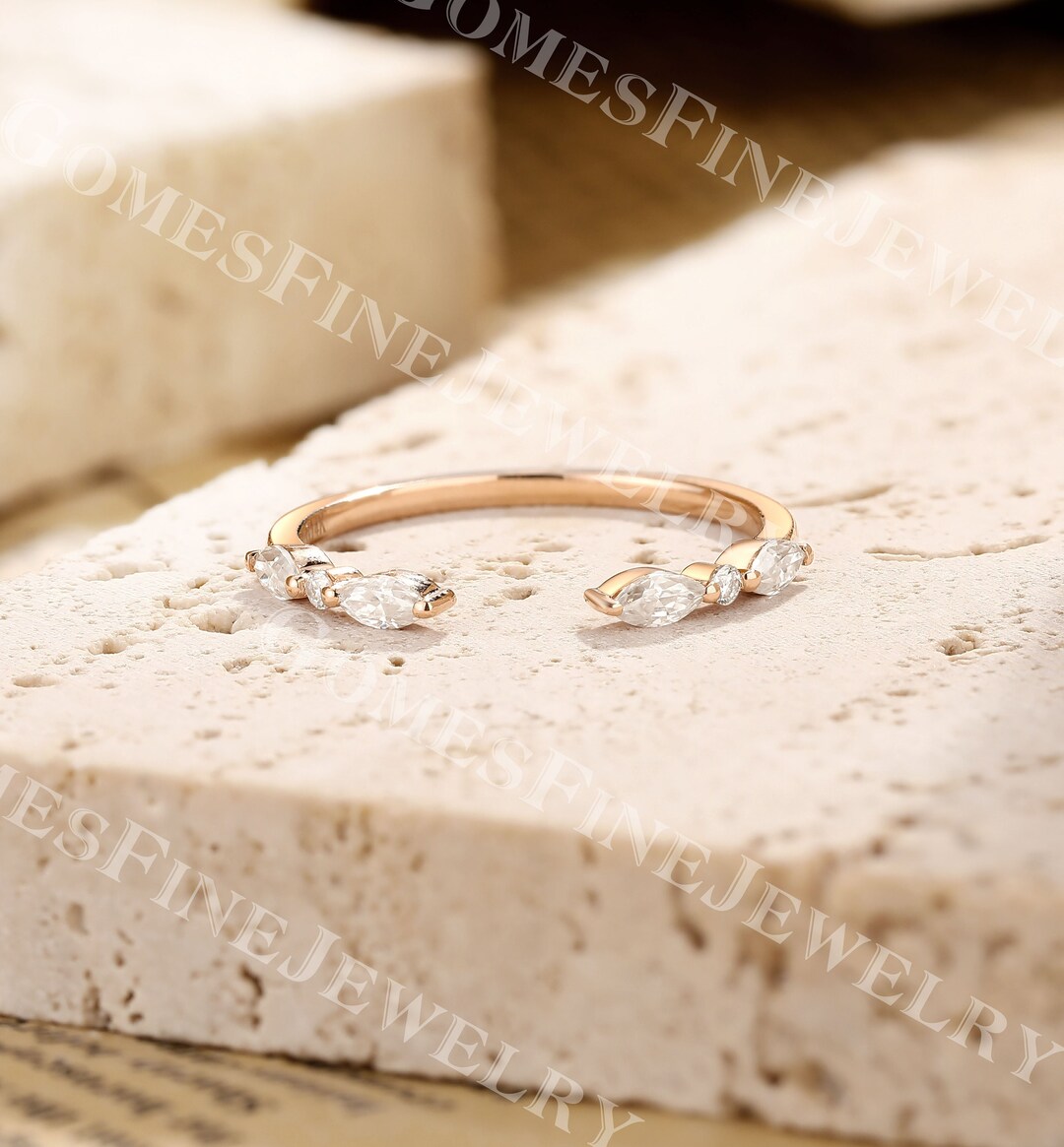 Open Moissanite Wedding Band | Moissanite Gap Ring Rose Gold | Unique Marquise Round Diamond ...
